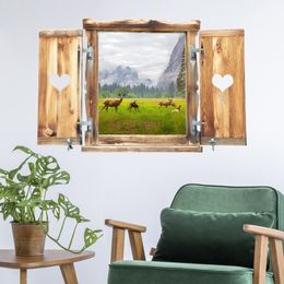 3D Wandtattoo Fenster mit Herz Rehe in den Bergen Fenster Wandsticker 3D-Optik Wandaufkleber Fenster Ausblick in S-XXL 3D-Effekt