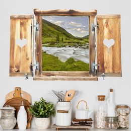 3D Wandtattoo Fenster mit Herz Alpenwiese Tirol Fenster Wandsticker 3D-Optik Wandaufkleber Fenster Ausblick in S-XXL 3D-Effekt