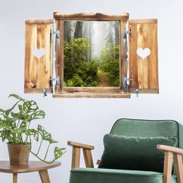 3D Wandtattoo Fenster mit Herz Nebliger Waldpfad Fenster Wandsticker 3D-Optik Wandaufkleber Fenster Ausblick in S-XXL 3D-Effekt