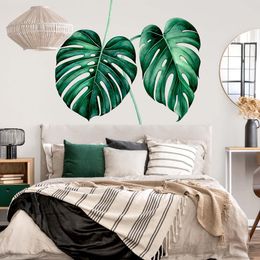 Wandtattoo Gr&uuml;ne Monstera XXL Bl&auml;tter Tropcial Aquarell Pflanzen Wandsticker Botanik florale Wandaufkleber Blatt Blumen