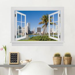 3D Wandtattoo Offenes Fenster Miami Beach Skyline Fenster Wandsticker 3D-Optik Wandaufkleber Fenster Ausblick in S-XXL 3D-Effekt