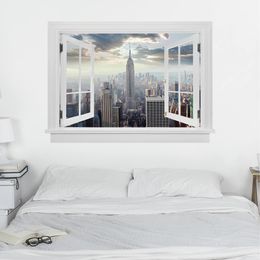Bilderwelten Wandtattoo Stadt modern 3D-Effekt Wandaufkleber - Offenes Fenster Sonnenaufgang in New York - Skylines Wohnzimmer Schlafzimmer