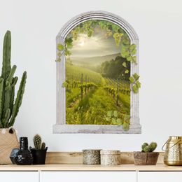 3D Wandtattoo Steinbogen Sonnenstrahlen Weinberg mit Ranken Wandsticker Aussicht 3D-Optik Wandaufkleber Bogen Ausblick in S-XXL 3D-Effekt