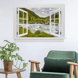 3D Wandtattoo Offenes Fenster Alpenwiese Tirol Fenster Wandsticker 3D-Optik Wandaufkleber Fenster Ausblick in S-XXL 3D-Effekt