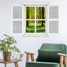 Bilderwelten Wandtattoo Wald modern 3D-Effekt Wandaufkleber - Fl&uuml;gelfenster Waldwiese - B&auml;ume Wohnzimmer Schlafzimmer