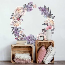 Wandtattoo Blumen Pfingstrosen Rosen Flieder Bl&uuml;ten Kranz XXL lila Aquarell Wandsticker floral Boho, Wandaufkleber Vintage Shabby M&auml;dchenZimmer