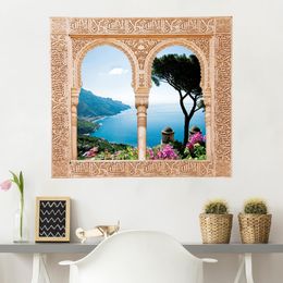 3D Wandtattoo Verziertes Fenster Ausblick vom Garten aufs Meer Fenster Wandsticker 3D-Optik Wandaufkleber Fenster Aussicht in S-XXL 3D-Effekt