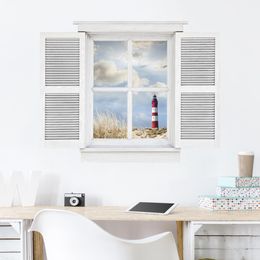 3D Wandtattoo Fl&uuml;gelfenster Leuchtturm in den D&uuml;nen Fenster Wandsticker 3D-Optik Wandaufkleber Fenster Ausblick in S-XXL 3D-Effekt