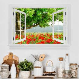 3D Wandtattoo Offenes Fenster Sommerwiese mit Blumenkasten Fenster Wandsticker 3D-Optik Wandaufkleber Fenster Ausblick in S-XXL 3D-Effekt