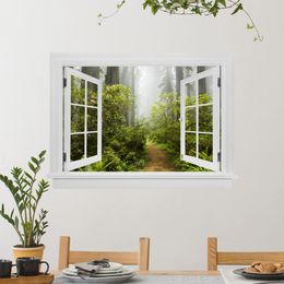 Bilderwelten Wandtattoo Wald modern 3D-Effekt Wandaufkleber - Offenes Fenster Nebliger Waldpfad - B&auml;ume Wohnzimmer Schlafzimmer
