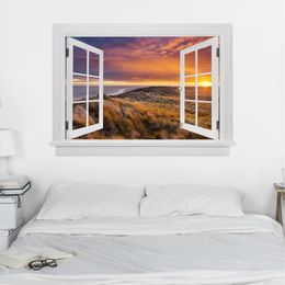 3D Wandtattoo Offenes Fenster Sonnenaufgang am Strand auf Sylt Fenster Wandsticker 3D-Optik Wandaufkleber Fenster Ausblick in S-XXL 3D-Effekt
