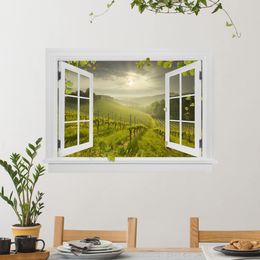 3D Wandtattoo Offenes Fenster Sonnenstrahlen Weinberg mit Ranken und Trauben Fenster Wandsticker 3D-Optik Wandaufkleber Ausblick in S-XXL