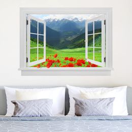 3D Wandtattoo Offenes Fenster Alpenwiese und Mohn Fenster Wandsticker 3D-Optik Wandaufkleber Fenster Ausblick in S-XXL 3D-Effekt