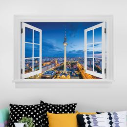 3D Wandtattoo Offenes Fenster Berlin Skyline bei Nacht mit Fernsehturm Fenster Wandsticker 3D-Optik Wandaufkleber Ausblick in S-XXL 3D-Effekt