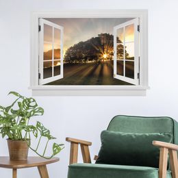 3D Wandtattoo Offenes Fenster Morgenstimmung mit kleinem Reh Fenster Wandsticker 3D-Optik Wandaufkleber Fenster Ausblick in S-XXL 3D-Effekt