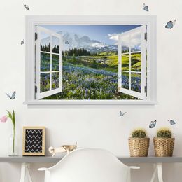 3D Wandtattoo Offenes Fenster Bergwiese mit Blumen vor Mt. Rainier und Schmetterlinge Fenster Wandsticker 3D-Optik Wandaufkleber Ausblick S-XXL