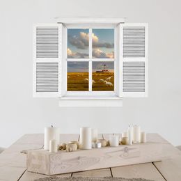 3D Wandtattoo Fl&uuml;gelfenster Nordsee Leuchtturm mit Schafsherde