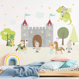 Wandtattoo Jungenzimmer Burg Ritter Drachen Prinzen und Prinzessin Wandsticker Kinder Wandaufkleber Gr&ouml;&szlig;e S XXL