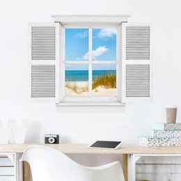 3D Wandtattoo Fl&uuml;gelfenster Strand an der Nordsee Fenster Wandsticker 3D-Optik Wandaufkleber Fenster Ausblick in S-XXL 3D-Effekt