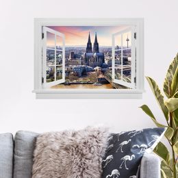 3D Wandtattoo Offenes Fenster K&ouml;ln Skyline mit Dom Fenster Wandsticker 3D-Optik Wandaufkleber Fenster Ausblick in S-XXL 3D-Effekt