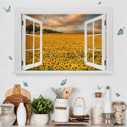 3D Wandtattoo Offenes Fenster Feld mit Sonnenblumen Fenster Wandsticker 3D-Optik Wandaufkleber Fenster Ausblick in S-XXL 3D-Effekt