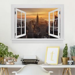 3D Wandtattoo Offenes Fenster Manhattan Skyline Abendstimmung Fenster Wandsticker 3D-Optik Wandaufkleber Fenster Ausblick in S-XXL 3D-Effekt