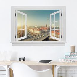 3D Wandtattoo Offenes Fenster Berlin am Morgen Fenster Wandsticker 3D-Optik Wandaufkleber Fenster Ausblick in S-XXL 3D-Effekt