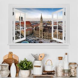 3D Wandtattoo Offenes Fenster City of Munich Fenster Wandsticker 3D-Optik Wandaufkleber Fenster Ausblick in S-XXL 3D-Effekt