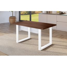 Esstisch 160x85 cm Baumkante Holz Nussbaum-Optik U-Gestell Metall wei&szlig; JULIUS