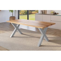 Esstisch 240x100 cm Baumkante Holz Wildeiche-Optik X-Gestell Metall silber JULIUS