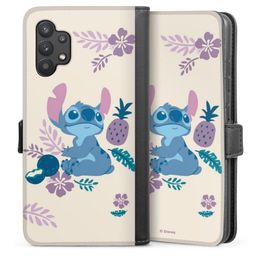 DeinDesign Galaxy A32 4G Handy Klapph&uuml;lle Handyh&uuml;lle aus Kunst Leder schwarz Flip Case Flowers Lilo & Stitch Official Licensed Product Sideflip mit Lasche
