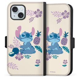 DeinDesign iPhone 15 Handy Klapph&uuml;lle Handyh&uuml;lle aus Kunst Leder schwarz Flip Case Flowers Lilo & Stitch Official Licensed Product Sideflip mit Lasche