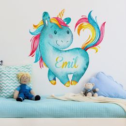 Wunschtext-Wandtattoo Kinderzimmer Einhorn mit Kindername Wunschtext T&uuml;rkis