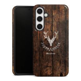 DeinDesign Galaxy S24+ Handy Panzer Handyh&uuml;lle robuste Outdoor H&uuml;lle Schutzh&uuml;lle gl&auml;nzend Wooden Look Deer Wood Tough Case