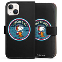 DeinDesign iPhone 14 Handy Klapph&uuml;lle Handyh&uuml;lle aus Kunst Leder schwarz Flip Case Peanuts Weltall Snoopy Sideflip mit Lasche