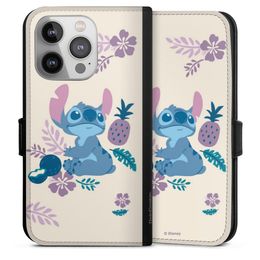 DeinDesign iPhone 14 Pro Handy Klapph&uuml;lle Handyh&uuml;lle aus Kunst Leder schwarz Flip Case Flowers Lilo & Stitch Official Licensed Product Sideflip mit langer Lasche