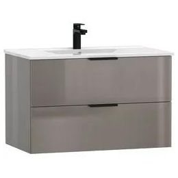Waschtisch Welltime "Athen Badschrank Badezimmer WC Unterschrank mit Becken", grau (grau, grau hochglanz), B:80cm H:50cm T:46cm, Waschtische, Waschtisch, Waschplatz mit 2 Schubladen, Breite 80cm Softclose Bad