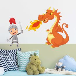 Wandtattoo Kinderzimmer Junge Ritter mit Feuerdrache Drache Jungenzimmer Wandsticker Ritter Wandaufkleber in S-XXL