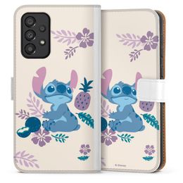 DeinDesign Galaxy A33 5G Handy Klapph&uuml;lle Handyh&uuml;lle aus Kunst Leder wei&szlig; Flip Case Official Licensed Product Flowers Lilo & Stitch Sideflip mit Lasche