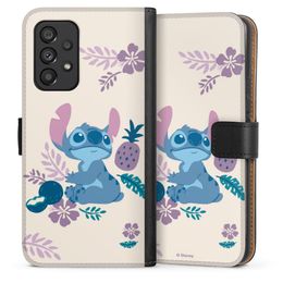 DeinDesign Galaxy A53 5G Handy Klapph&uuml;lle Handyh&uuml;lle aus Kunst Leder schwarz Flip Case Official Licensed Product Flowers Lilo & Stitch Sideflip mit langer Lasche