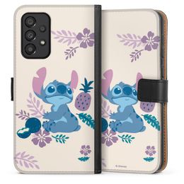 DeinDesign Galaxy A33 5G Handy Klapph&uuml;lle Handyh&uuml;lle aus Kunst Leder schwarz Flip Case Official Licensed Product Flowers Lilo & Stitch Sideflip mit langer Lasche