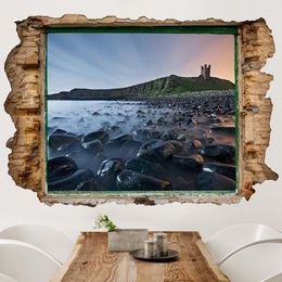 Bilderwelten Wandtattoo Natur Motiv 3D-Effekt blau - Sonnenaufgang mit Nebel bei Dunstanburgh Castle - Landschaft Wohnzimmer Schlafzimmer
