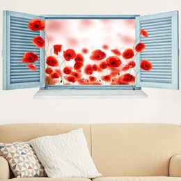 3D Wandtattoo Fensterblick Mohnfeld Fenster Wandsticker 3D-Optik Blumen Wandaufkleber in S-XXL