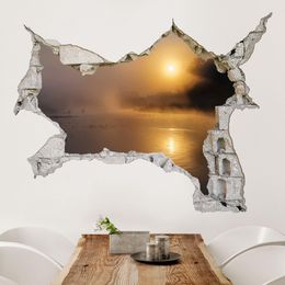 3D Wandtattoo Sonnenaufgang am See mit Rehen im Nebel Wandsticker 3D-Optik Wandaufkleber in S-XXL 3D-Effekt