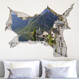 Bilderwelten Wandtattoo Natur Motiv 3D-Effekt blau - Hallst&auml;tter See und Bergblick - Skylines Wohnzimmer Schlafzimmer