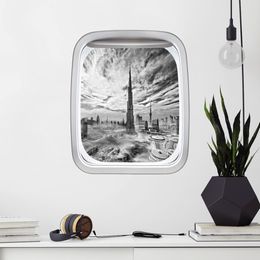 3D Wandtattoo Fenster Flugzeug Dubai Super Skyline Fenster Wandsticker 3D-Optik Wandaufkleber Fenster Ausblick in S-XXL 3D-Effekt