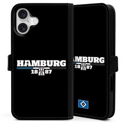 DeinDesign iPhone 16 Plus Handy Klapph&uuml;lle Handyh&uuml;lle aus Kunst Leder schwarz Flip Case Hamburg Official Licensed Product Hsv Sideflip mit Lasche