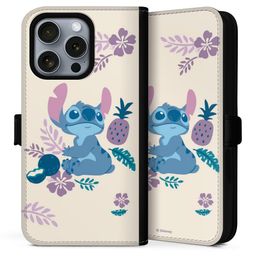 DeinDesign iPhone 16 Pro Max Handy Klapph&uuml;lle Handyh&uuml;lle aus Kunst Leder schwarz Flip Case Flowers Lilo & Stitch Official Licensed Product Sideflip mit Lasche