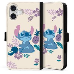 DeinDesign iPhone 16 Plus Handy Klapph&uuml;lle Handyh&uuml;lle aus Kunst Leder schwarz Flip Case Flowers Lilo & Stitch Official Licensed Product Sideflip mit Lasche