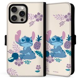 DeinDesign iPhone 16 Pro Handy Klapph&uuml;lle Handyh&uuml;lle aus Kunst Leder schwarz Flip Case Flowers Lilo & Stitch Official Licensed Product Sideflip mit Lasche